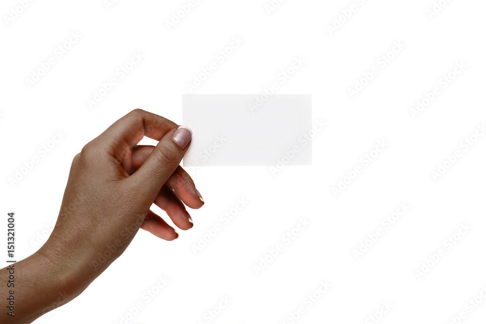 Isolated african female hand holds white card on a white background ...