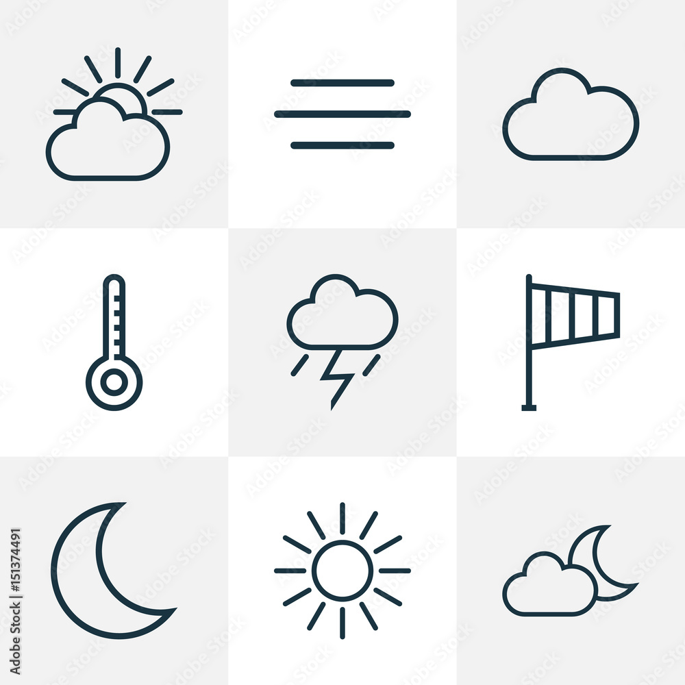 Climate Outline Icons Set. Collection Of Sun, Windsock, Night And Other ...