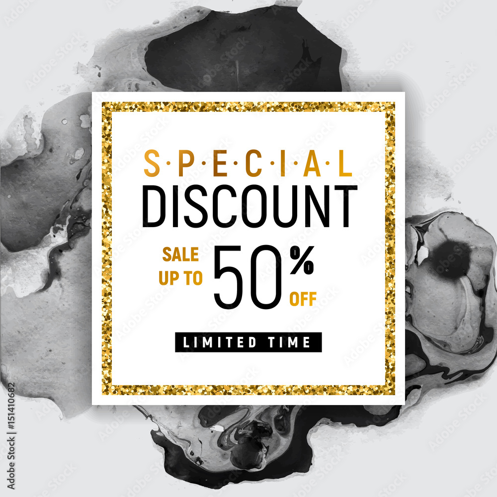 Special Discount Square Golden Banner Template with Black Marble ...