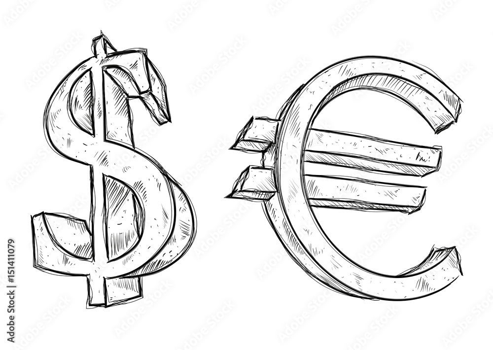 Sketch. Dollar and euro on a white background Stock Vector | Adobe Stock