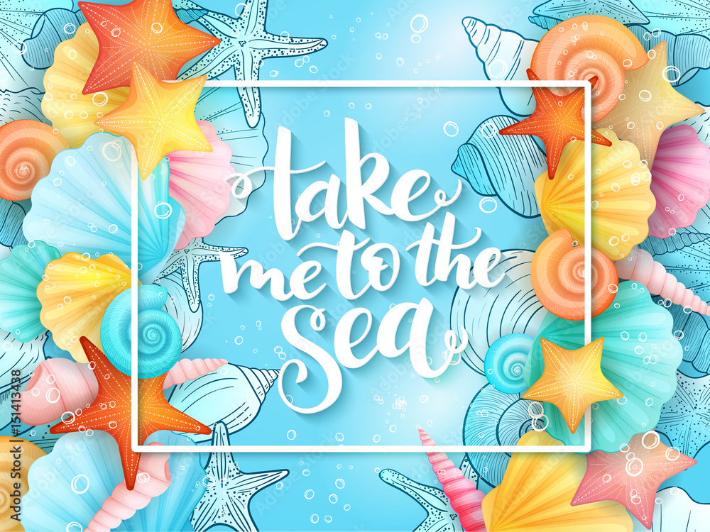 vector illustration of hand lettering phrase with frame and seashells ...