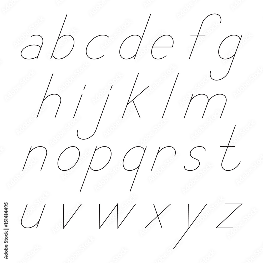 Latin alphabet letters, italic font set, lower case, outlined, black ...