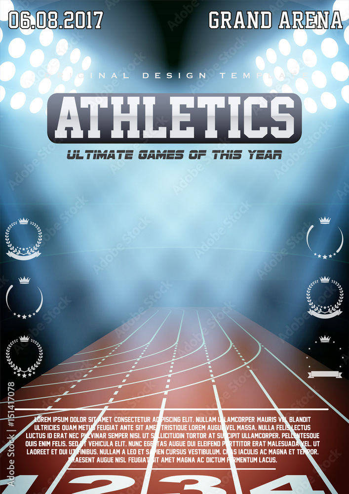 Sporting poster of athletics. Arena and spotlights with text and signs ...