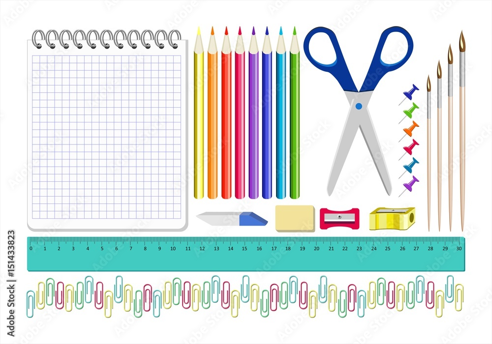 Tools for drawing. Office items. Pencils, eraser, brushes, sharpener ...