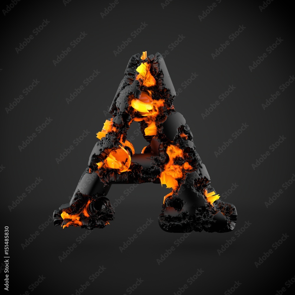 Volcanic alphabet letter A uppercase isolated on black background ...