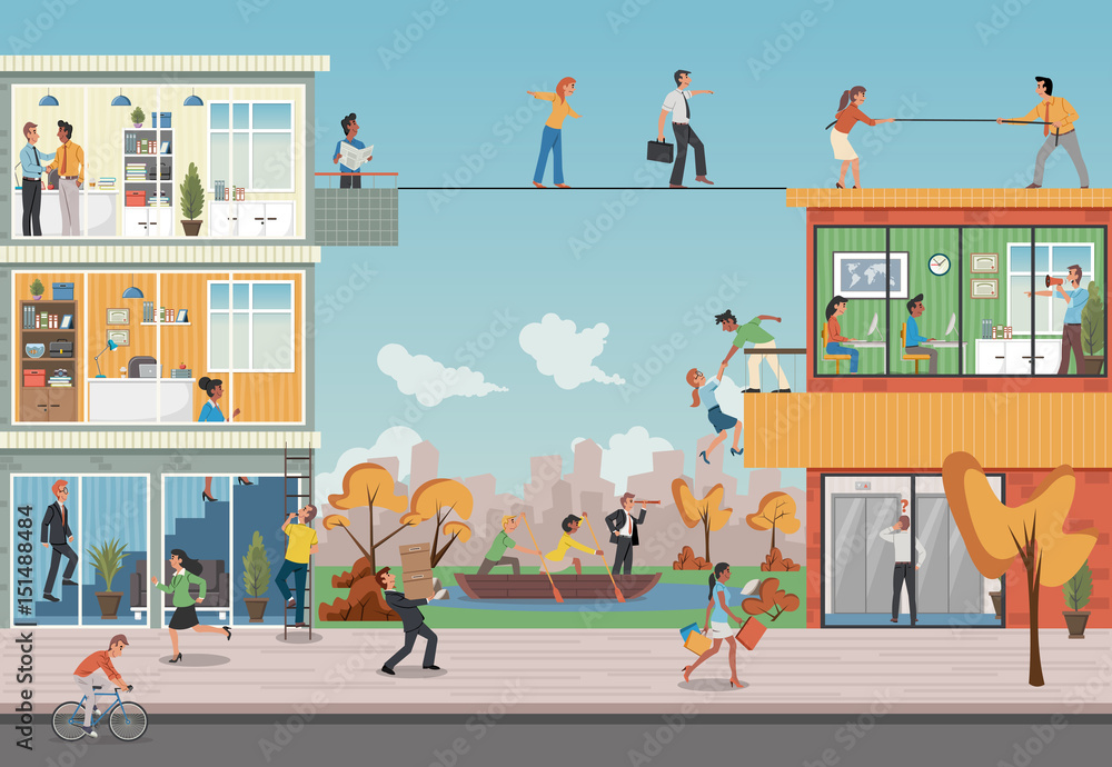 Building with cartoon business people working in office workspace ...