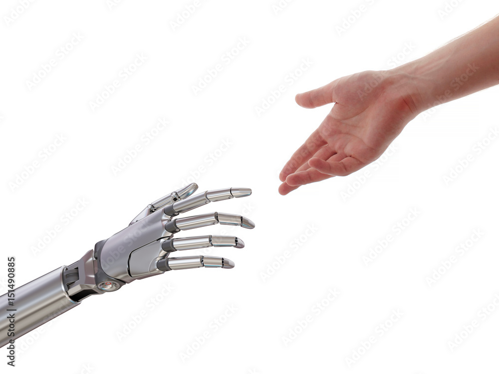 Human and Robot Touching 3d Illustration Isolated on White Background ...