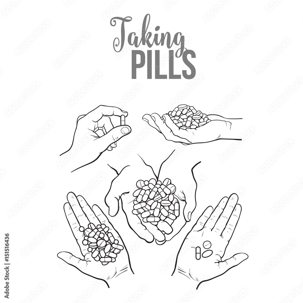 Set of hands holding pills, tablets, black and white sketch style ...