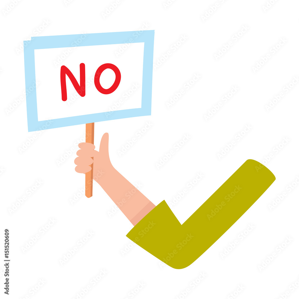 Female arm, hand in business suit sleeve holding NO sign, showing ...