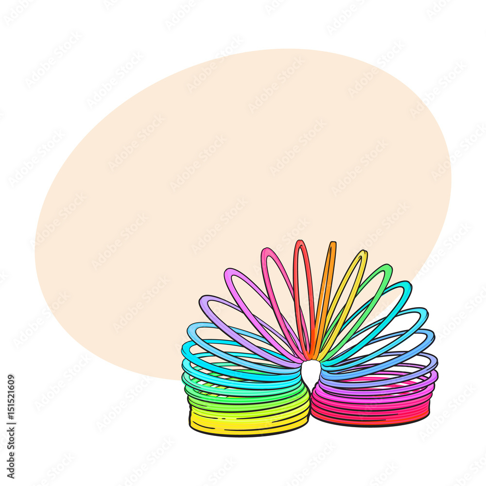 Rainbow colored plastic spring, spiral toy, sketch style, hand drawn ...