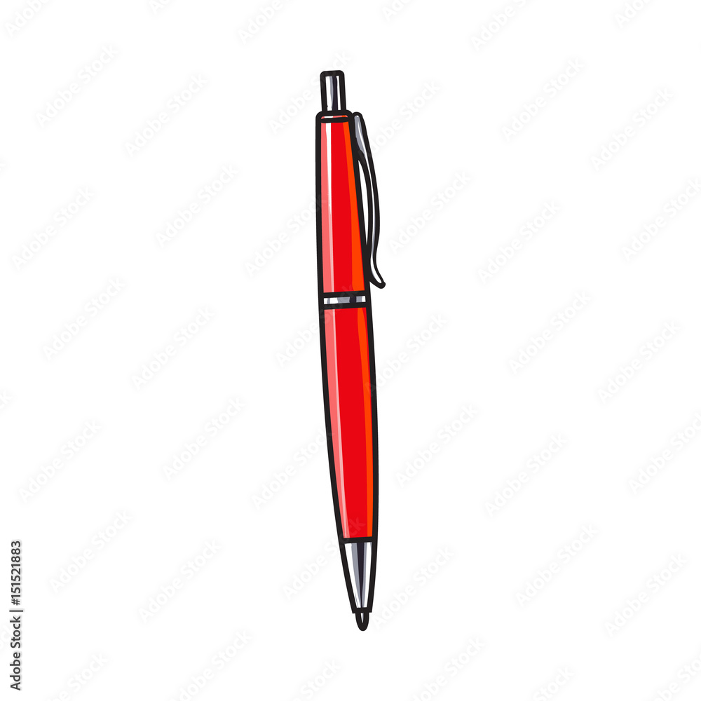 Simple hand drawn red ball point pen, office supply, writing accessory ...