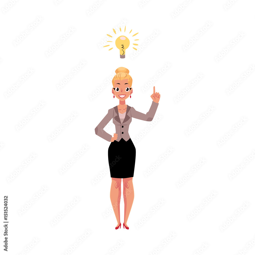 Young businesswoman having idea, light bulb as symbol of business ...