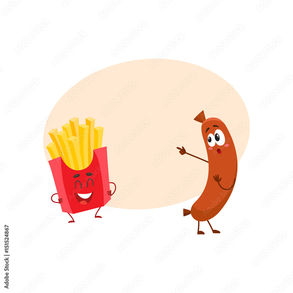 Funny laughing french fries character and sausage pointing to it with ...