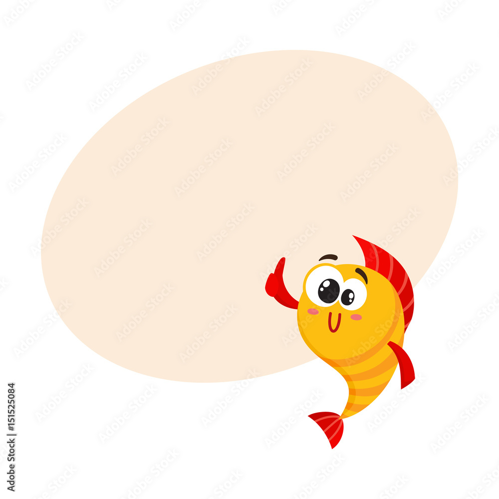 Cute, funny golden, yellow fish character with human face giving thumb ...
