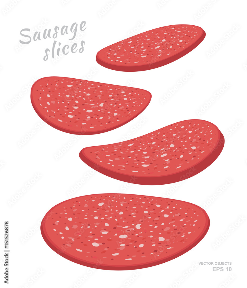 Flying slices of salami sausage isolated on white background. Meat ...