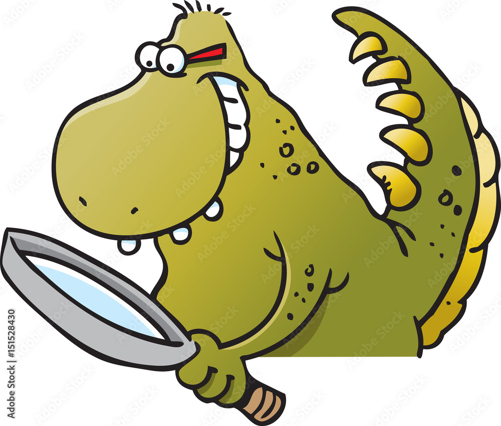 Cartoon illustration of a dinosaur looking through a magnifying glass ...