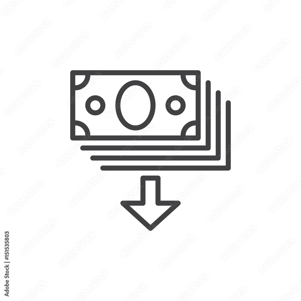 Cash money and arrow down outline icon, line vector sign, linear style ...