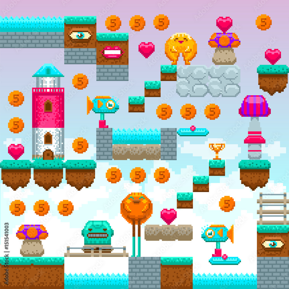 Pixel game interface. Pixel art. Video arcade game elements. Vector ...