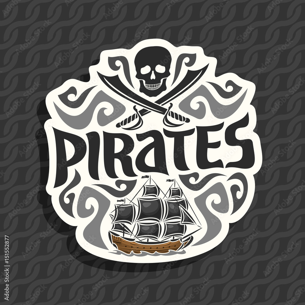 Vector logo for Pirate theme: black skull and crossed sabers, curly ...