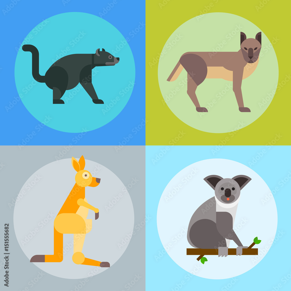 Australia wild animals cartoon popular nature characters flat style and ...