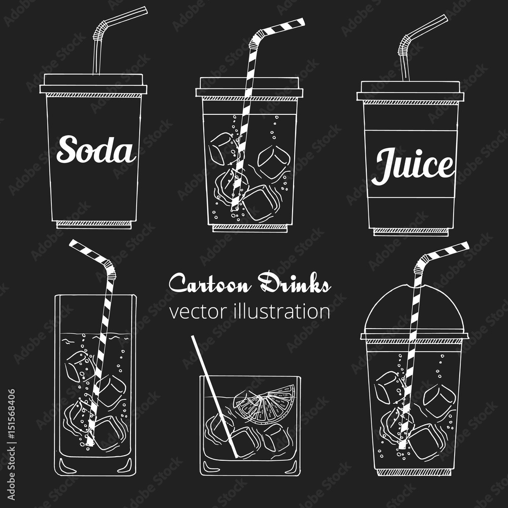 Set of cartoon drinks: cold beverages with ice- tea, lemonade, smoothie ...