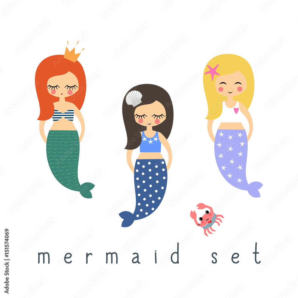 Cute mermaids girls set on white background. Child drawing style ...
