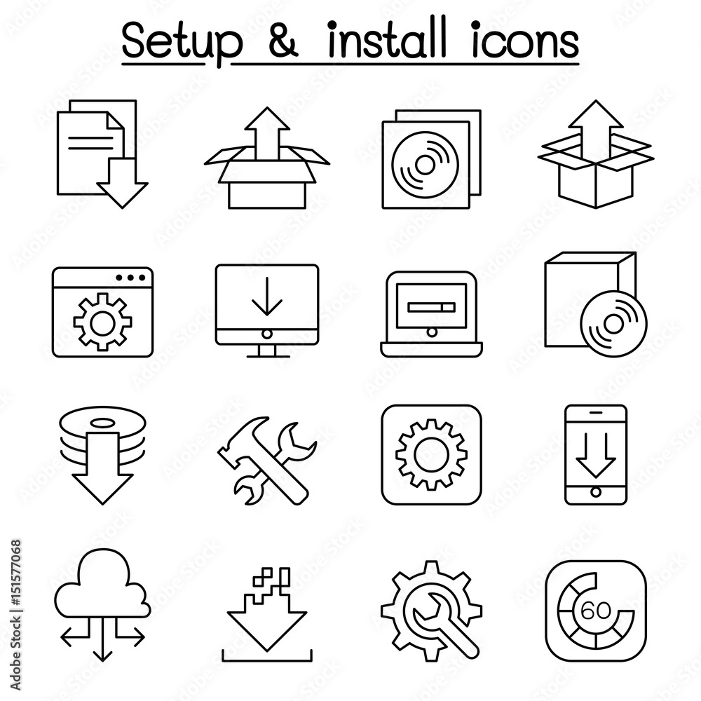 Setup , configuration, maintenance & Installation icon set in thin line ...