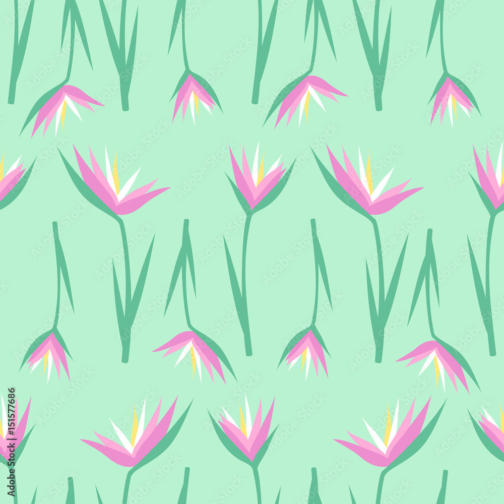 Tropical exotic flowers seamless pattern on mint green background ...