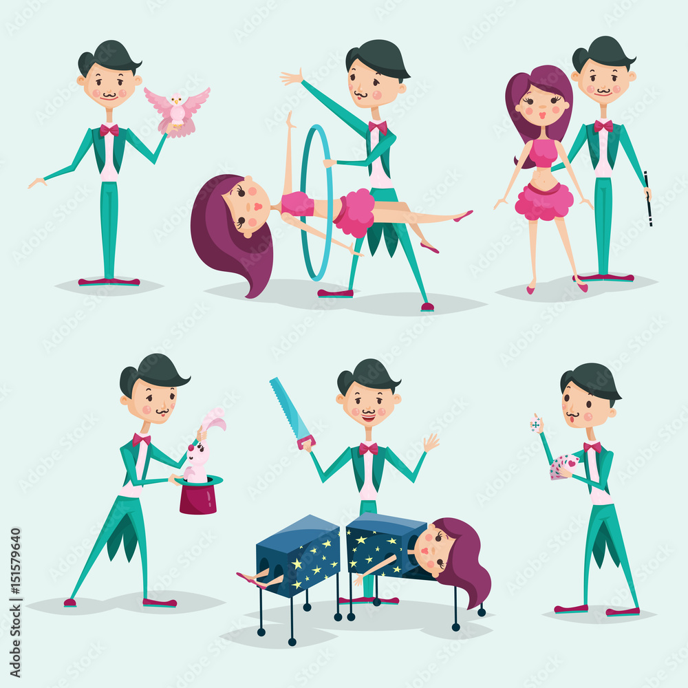 Cute magician character tricks vector illustration magic show cartoon ...
