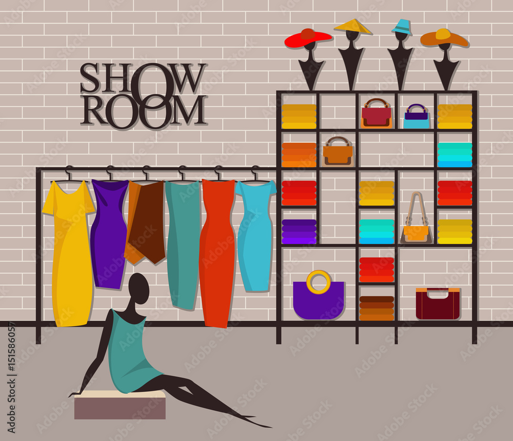 Vector illustration modern loft interior showroom fashion. Mannequins ...