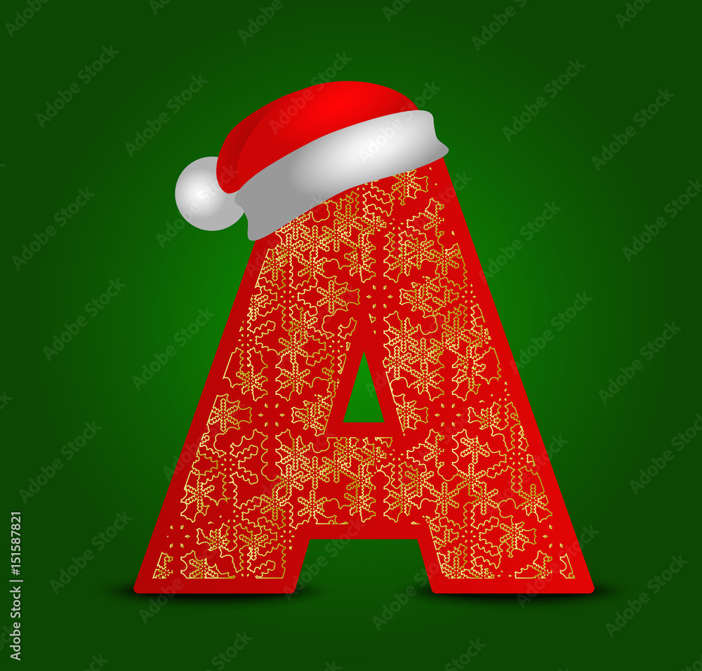 Vector alphabet letter A with christmas hat and gold snowflakes Stock ...
