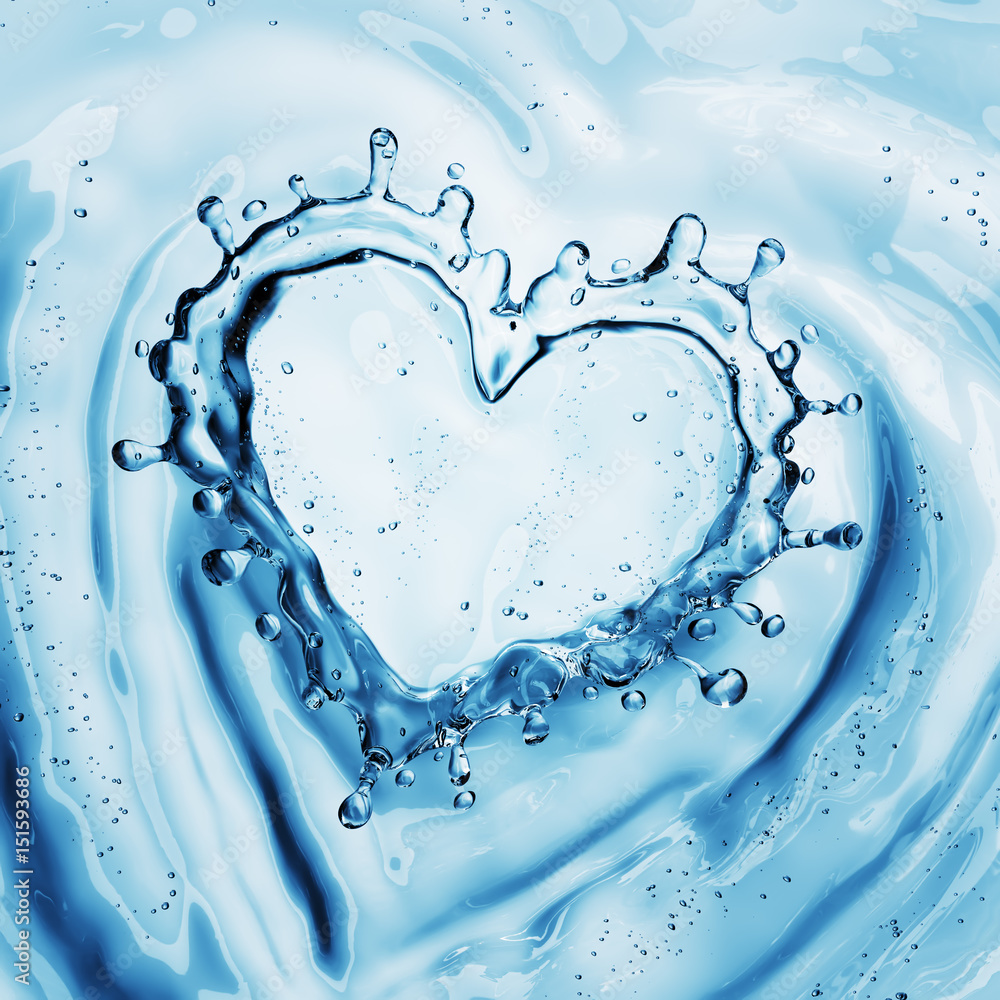 Heart from water splash with bubbles on blue water background Stock ...