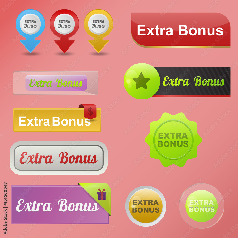 Colorful website extra bonus buttons design vector illustration glossy ...