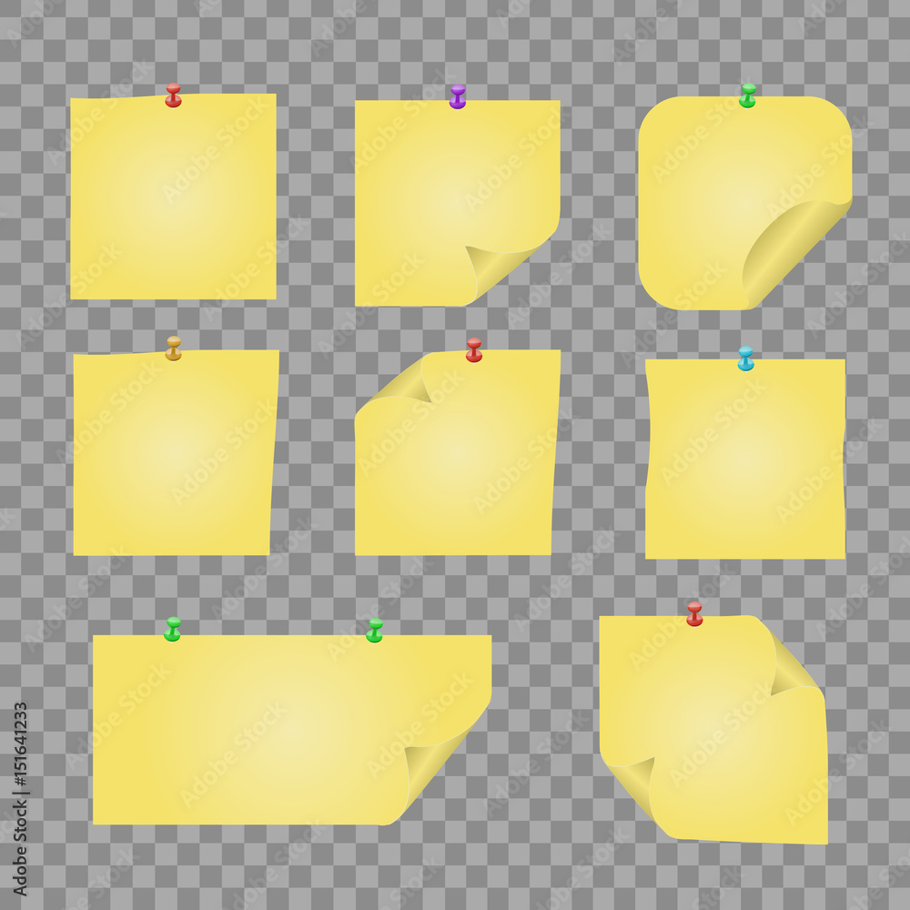 Vector isolated realistic set of yellow pinned paper note on the ...