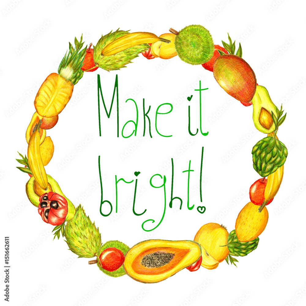 Raster vivid illustration with a tropical fruit wreath augmented with a ...
