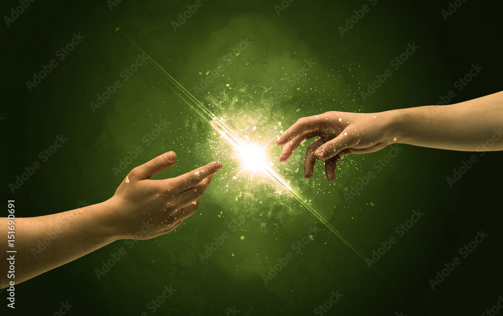 Touching arms lighting spark at fingertip Stock-Foto | Adobe Stock