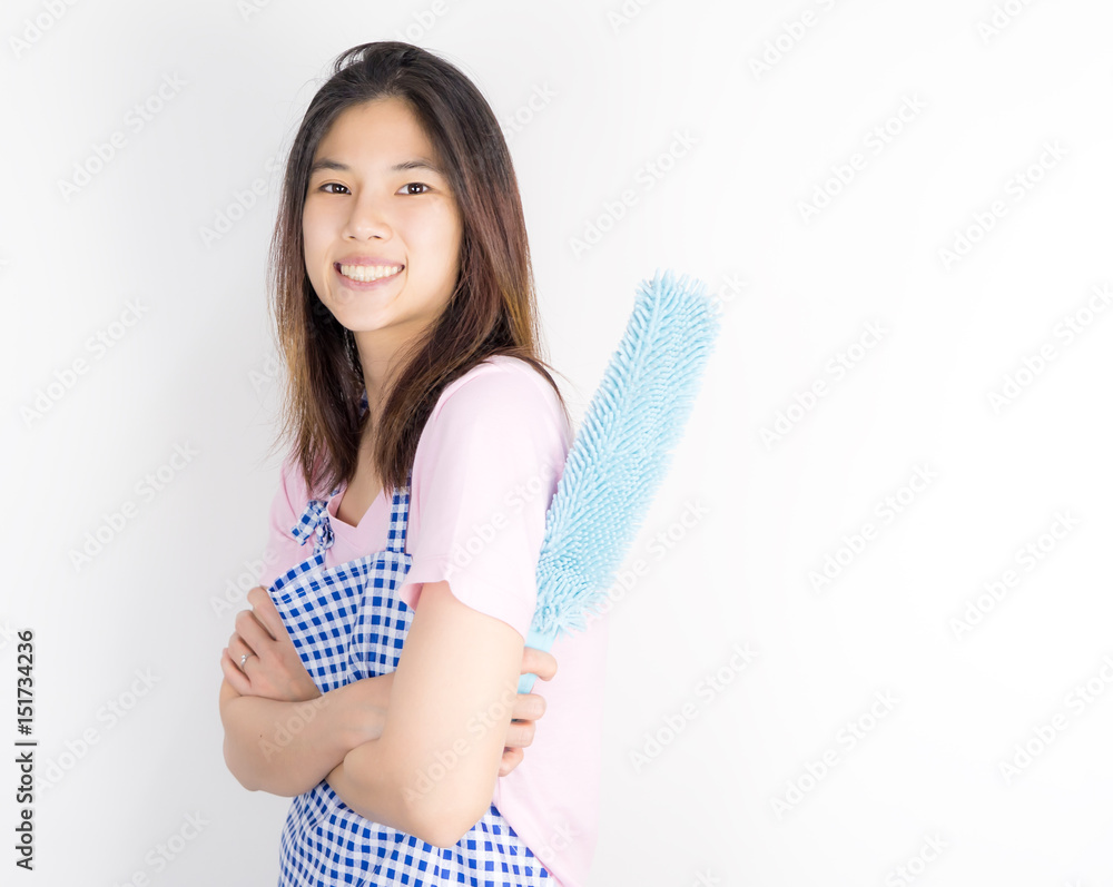 Asian house cleaner maid with dust cleaner isolated on white copy space ...