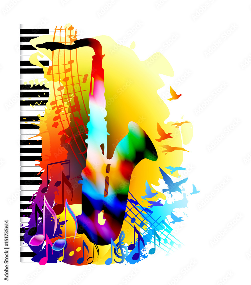 Music background with saxophone, piano, musical notes and flying birds ...