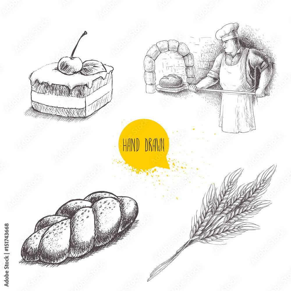 Hand drawn set bakery illustrations. Baker making fresh bread in stone ...