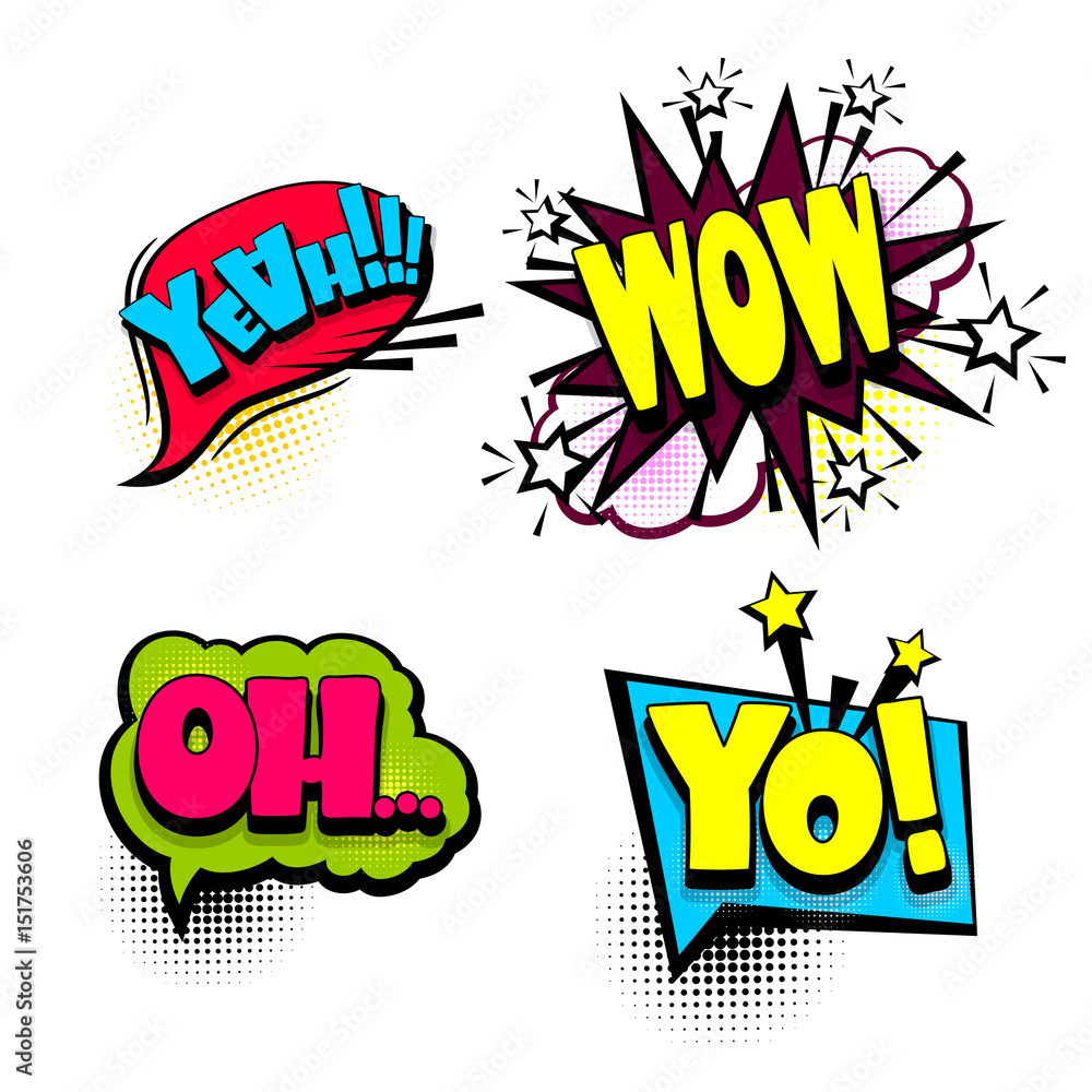 wow, oh, yeah big set colored sound effects pop art style. Collection ...