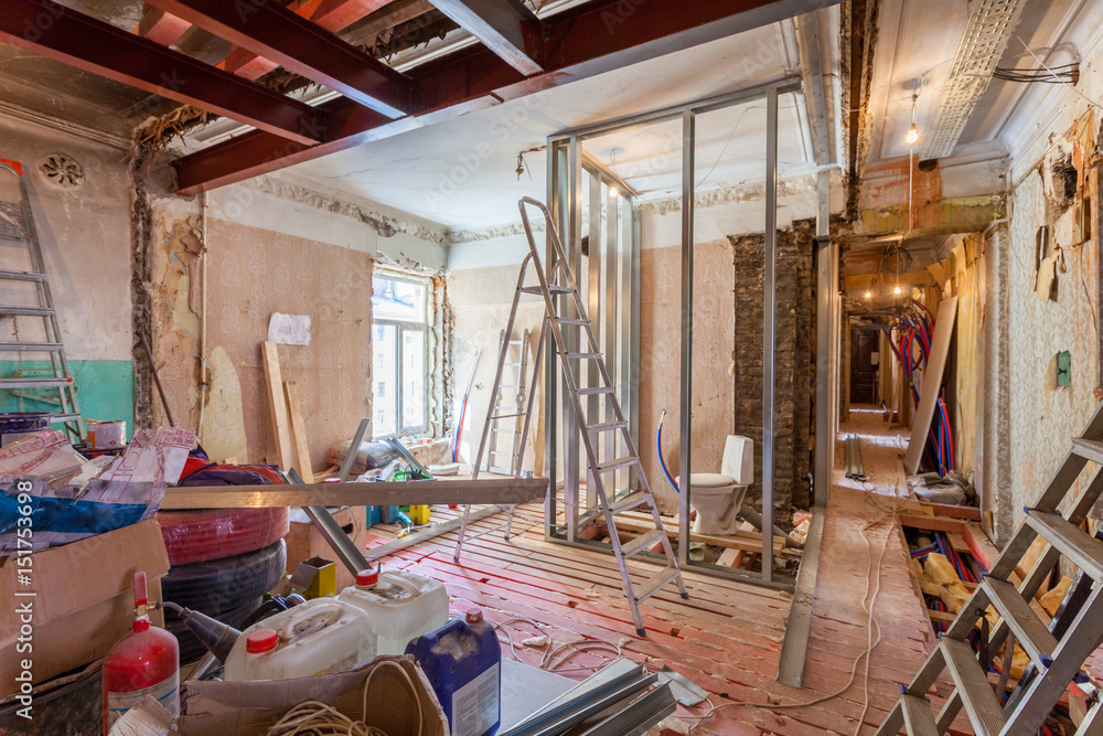 Interior of apartment with materials during on the renovation and ...