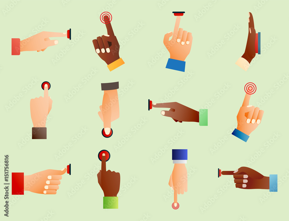 Hand press red button finger press control push pointer gesture human body part vector ...