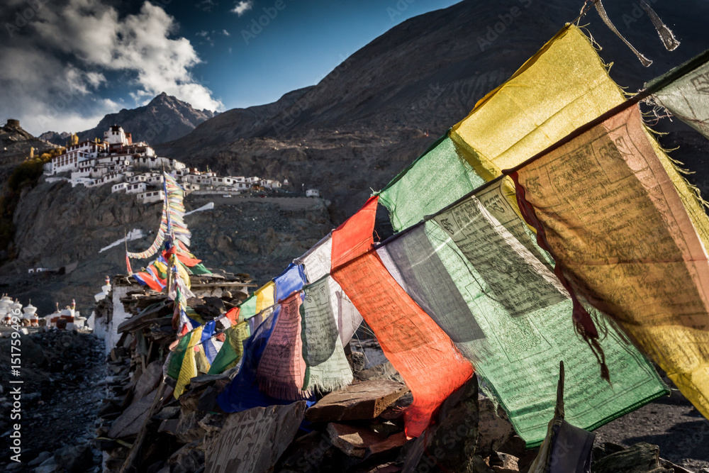 Poster Buddhist prayer flags at Diskit monastery in the Indian ...