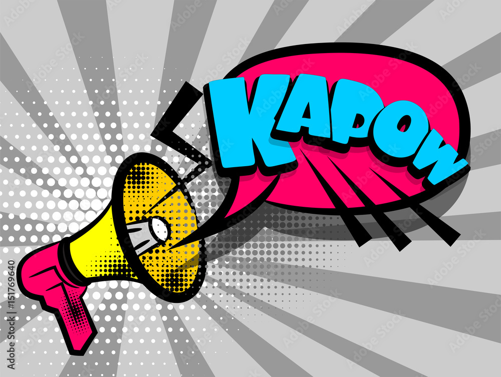 Lettering KAPOW, megaphone, bullhorn. Comics book text balloon. Bubble ...