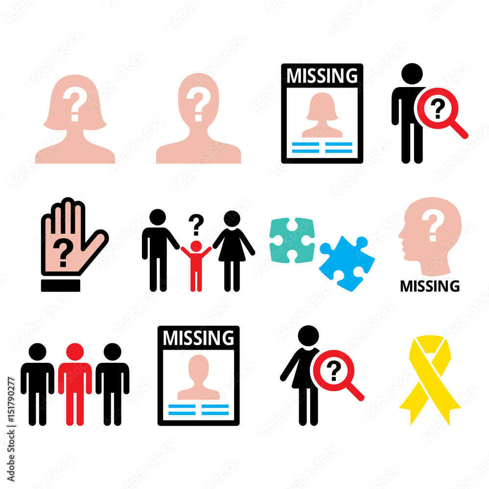 Missing people - man and woman, missing children icons set Stock Vector ...