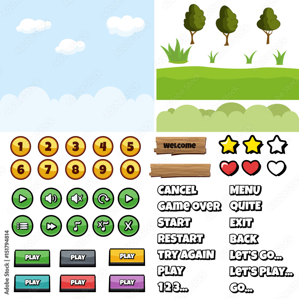 Game kit and user interface elements. Vector gaming asset on white ...