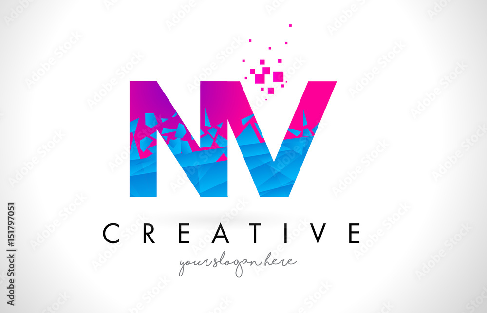 NV N V Letter Logo with Shattered Broken Blue Pink Texture Design ...