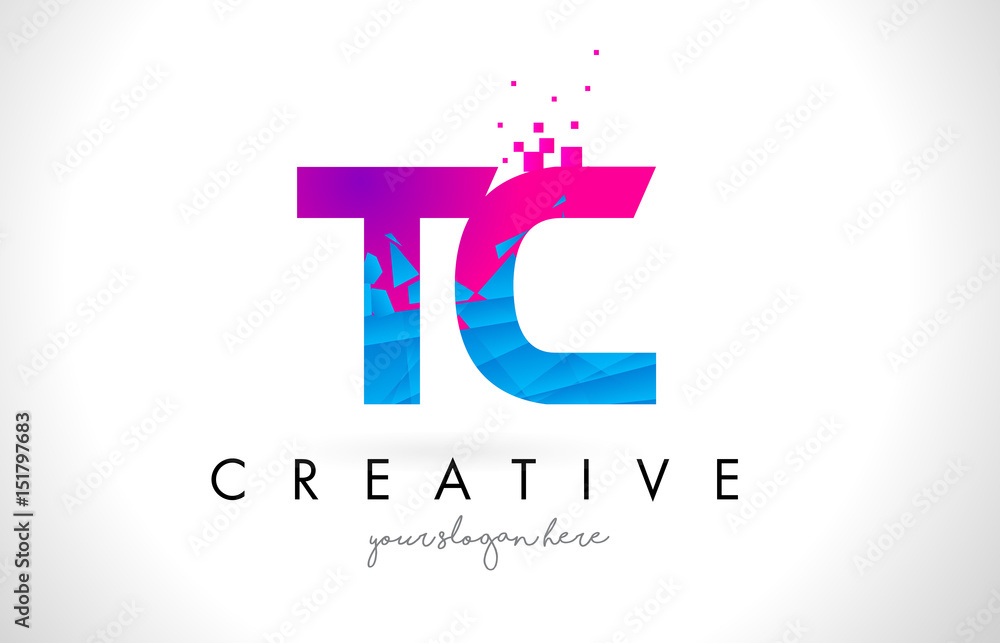 TC T C Letter Logo with Shattered Broken Blue Pink Texture Design ...