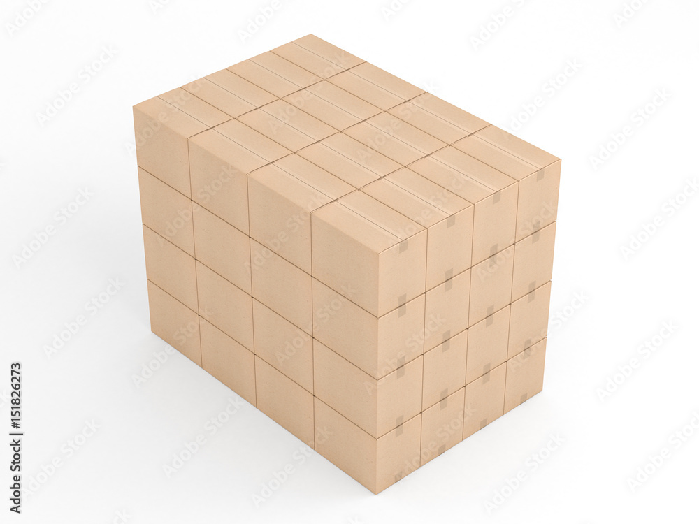 Stack of yellow cardbord boxes Mockup in white studio, 3d rendering ...