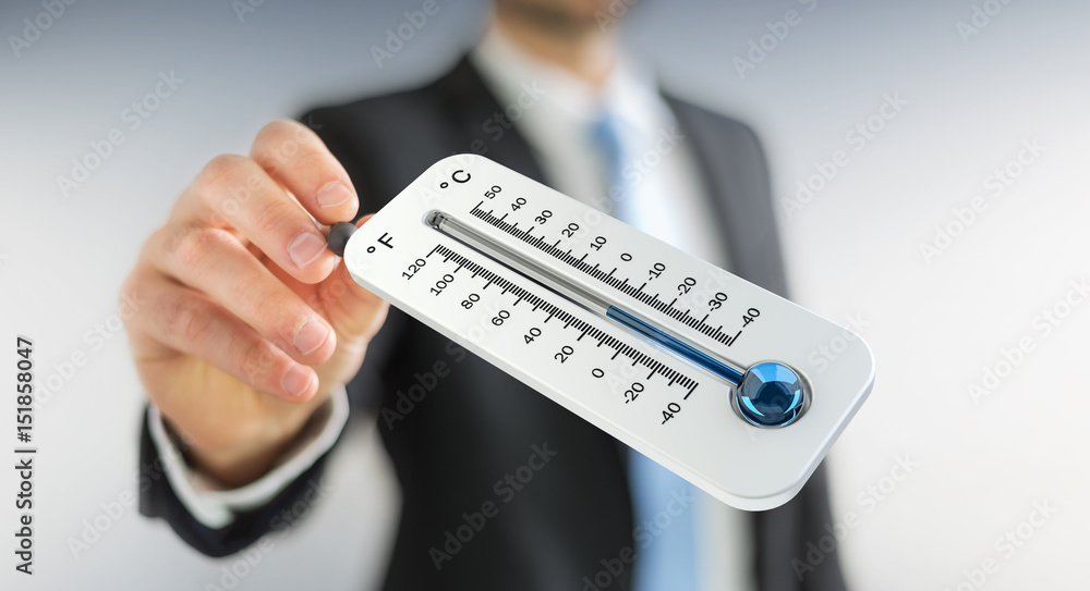 Businessman checking the temperature drop 3D rendering Stock Photo ...